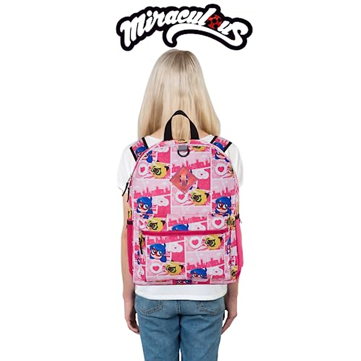 Miraculous Ladybug Cat Noir Backpack Set with Lunch Bag for Girls, 16 inch, 5 Piece Value Set, Pink