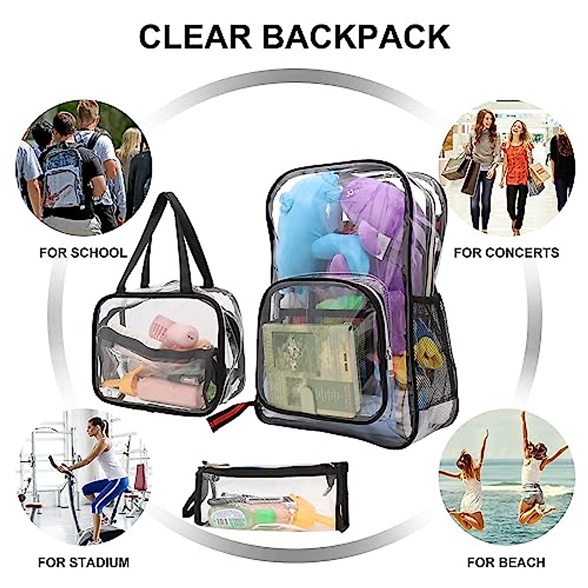 DZLUSJ 3Pcs Clear Backpack Set With Lunch Bag Pencil Case Pouch Heavy Duty Thick PVC Transparent Backpack for Kids and Fans Back to School Supplies(Black)