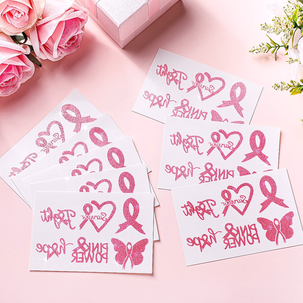180 Pcs Breast Cancer Tattoo Sticker Temporary Pink Ribbon Tattoos Breast Cancer Awareness Glitter Tattoos Pink Ribbon Stickers Breast Cancer Body Tattoos for Women Girls Face Body Accessories