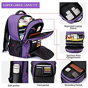 Travel Laptop Backpack 17.3 inch,Extra Large School Backpack Bookbag Computer Rucksack with USB Charging Port,Water Resistant Backpacks for Business College Travel,Women Casual Daypack,Purple