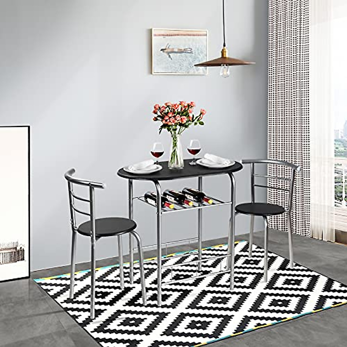 Harmony-Furniture 3-Piece Dining Table Set, Kitchen Table Set with Metal Frame & Shelf Storage, Compact Dining Table and Chairs Set for Kitchen, Restaurant, Café, Bistro (Black & Sliver)