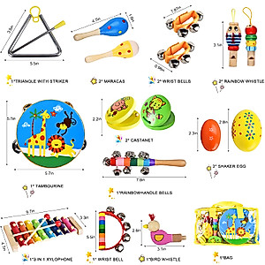 INLAIER Kids Musical Instruments Set, 20 Pcs Wooden Shakers Percussion Instruments Tambourine Xylophone Toys, Child Early Learning Musical Toys for Boys and Girls Gifts Present with Carrying Bag