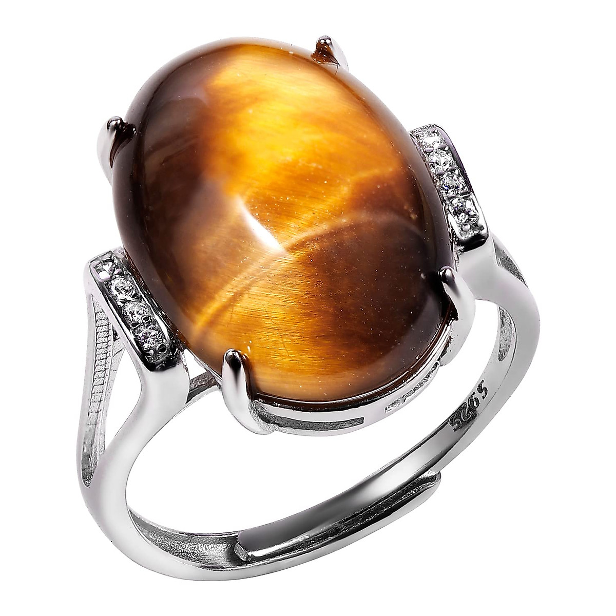 Jewever 925 Sterling Silver Rings for Women Men Genuine Tiger Eye Stone Anxiety Ring Open Adjustable Unisex Jewelry (7-10#)