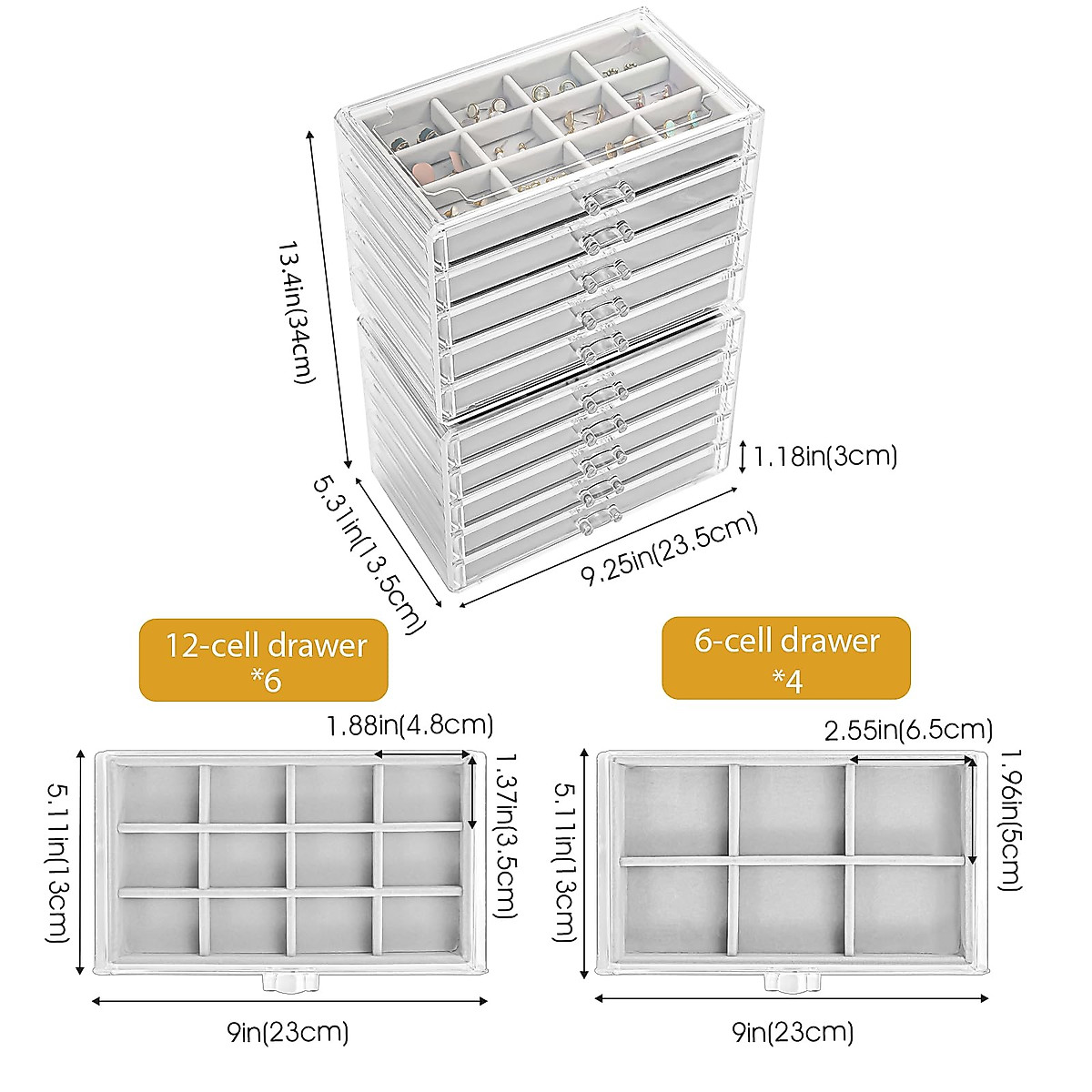 ProCase Earring Holder Organizer Jewelry Box with 10 Drawers, Acrylic Clear Earring Case with Adjustable Velvet Trays for Women - Grey, 10 Layers