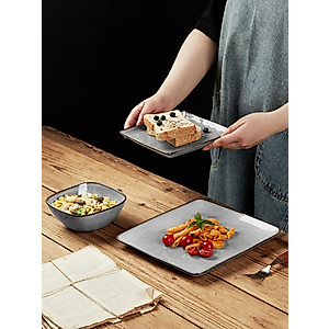 Famiware Dinnerware Sets for 4, Ocean Square 12-Piece Kitchen Plates and Bowls Sets, Reactive Glaze, Microwave and Dishwasher Safe, Scratch Resistant, Grey