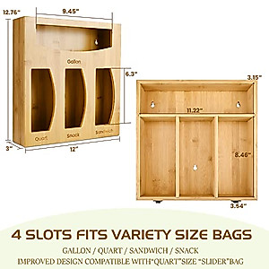 Ziplock Bag Storage Organizer, Bamboo Baggie Organizer for Drawer, Kitchen Food Storage Bag Holder Dispenser, Plastic Sandwich Bag Container Wall Mount Wrap Dispenser for Gallon, Quart, Snack, Candy