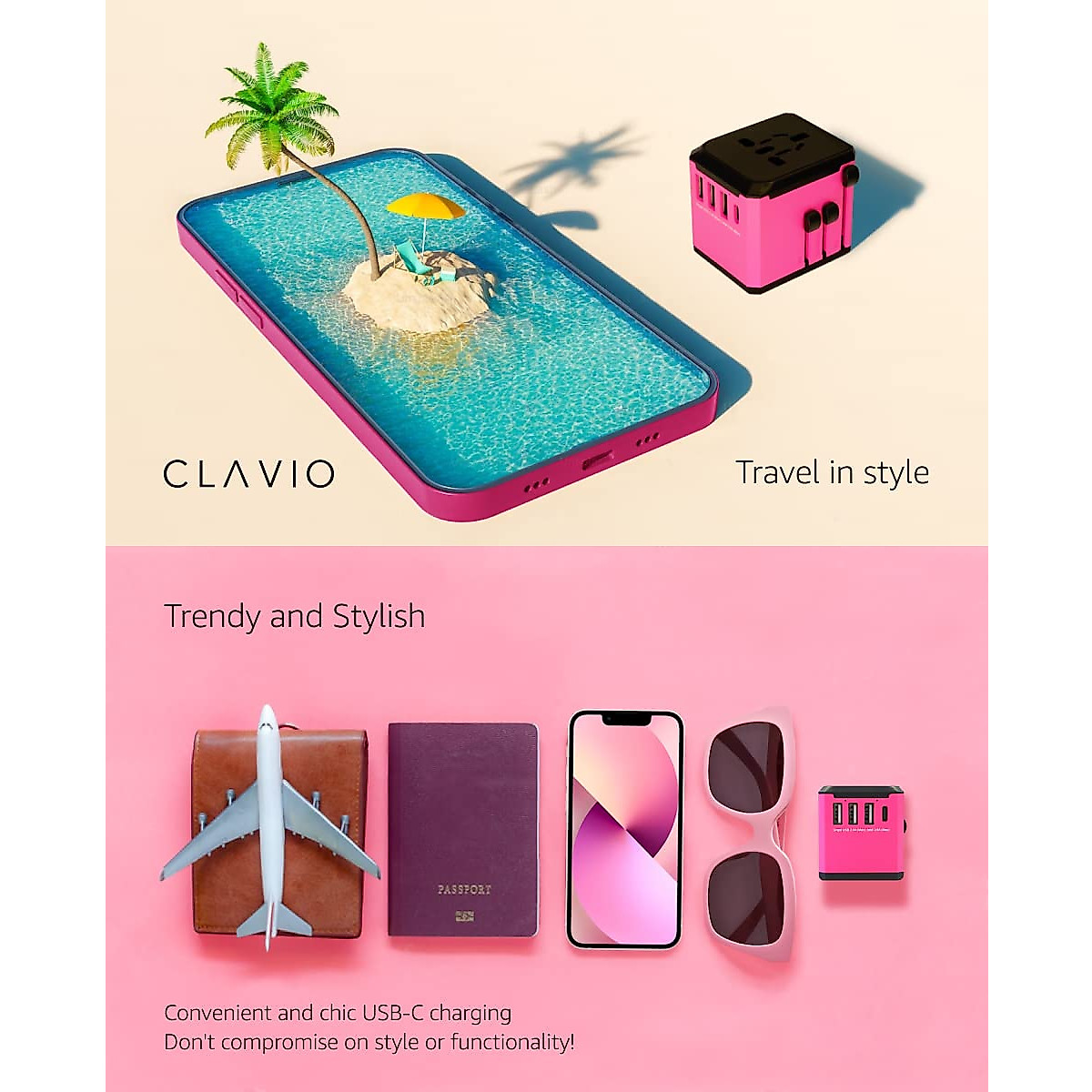 Travel Adapter, Universal Wall Charger AC Plug Adaptor with 3.6A Smart Power and 3.0A USB Type-C for USA EU UK AUS (Pink)