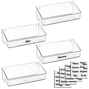 mDesign Wall Mount Storage Organizer Tray Bin - Modern Plastic Wide Hanging Shelf Basket for Walls/Doors in Office - 4 Pack + 32 Adhesive Labels - Clear