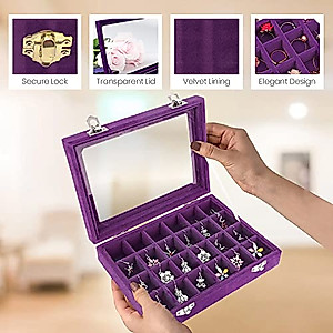 Hivory Velvet Earring Jewelry Box - 24 Grid Small Jewelry Earring Organizer Box with Snap Button - Earring Holder for Girls and Teen, Secure and Travel Friendly (Purple)