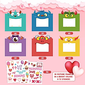 Ferraycle 30 Pack Valentine's Day DIY Craft Kits for Kid, Valentines Day Pictures Frame Craft and 12 Sticker DIY Valentines Craft with Monster Photo Frame Craft Kit for Party Favor Classroom Activity