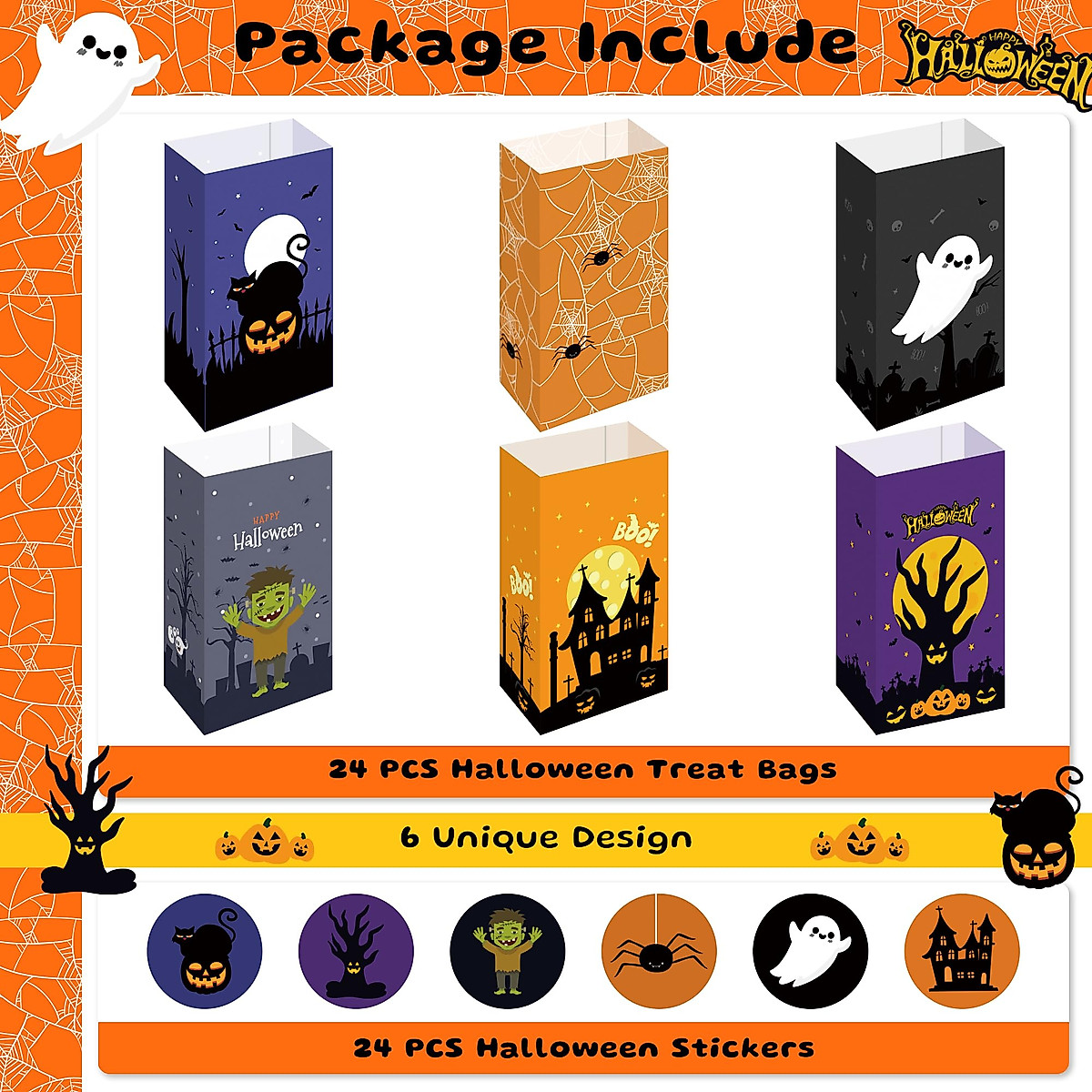 Halloween Treat Bags - 24 PCS Halloween Party Favors,Halloween Goodie Bags with Halloween Stickers for Kids | Halloween Candy Bags - Trick or Treat Bags,Mini Paper Gift Basket- Halloween Decorations Crafts Party Supplies