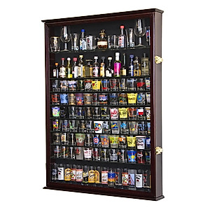 XL Shot Glass Display Case Rack Holder Cabinet for Tall Shooter and Mini Liquor Bottle -Cherry