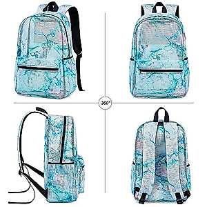 LEDAOU Mesh Backpack for Kids Girls Semi-Transparent Mesh School Backpack Bookbag Lightweight Casual Daypacks for Beach Gym(Marble Purple Blue Green)