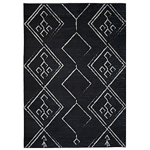 Machine Washable Area Rug Non Slip Backing & Ultra-Thin & Stain Resistant & Eco Friendly & Family and Pet Friendly - Everest Geometric Modern Bordered Black & Creme Design 8'x10'