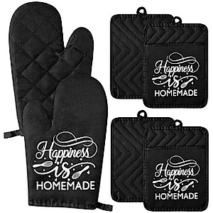 GROBRO7 6Pcs Funny Oven Mitts Pot Holders Set Happiness is Homemade Heat Resistant Hot Pads Machine Washable Gloves Durable Pocket Pot Holder with Hanging Loop for Safe Kitchen Baking Cooking Grilling