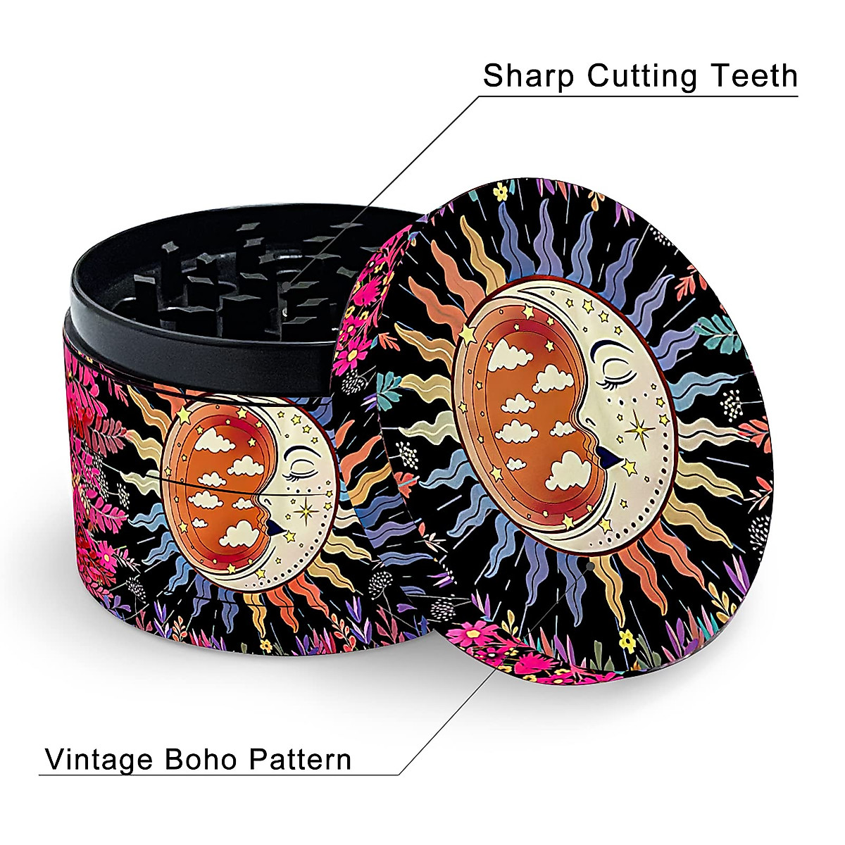VRUPINZE 2.5 Inch Boho Grinder, Large Spice Grinder for Kitchen（The Sleeping Moon Pattern）