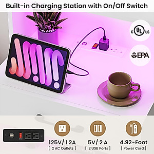 VIAGDO Tall Nightstand with Charging Station and LED Lights, Large White Night Stand with Bookshelf, Modern LED Bedside Table with 3 Drawers and Storage Shelves, End Side Table for Bedrooms, Dorms