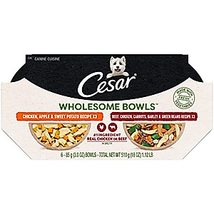 CESAR WHOLESOME BOWLS Adult Soft Wet Dog Food Variety Pack, Beef, Chicken, Carrots, Barley & Green Beans Recipe and Chicken, Apple & Sweet Potato Recipe, (6) 3 oz. Bowls