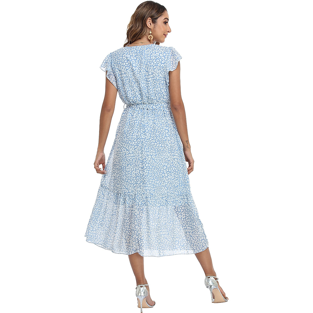 VintageClothing Womens Sundress Casual Floral Summer Boho Dress Flowy Wrap V Neck Ruffle A-Line Pleated Hem Midi Dresses, Floral Light Blue, S