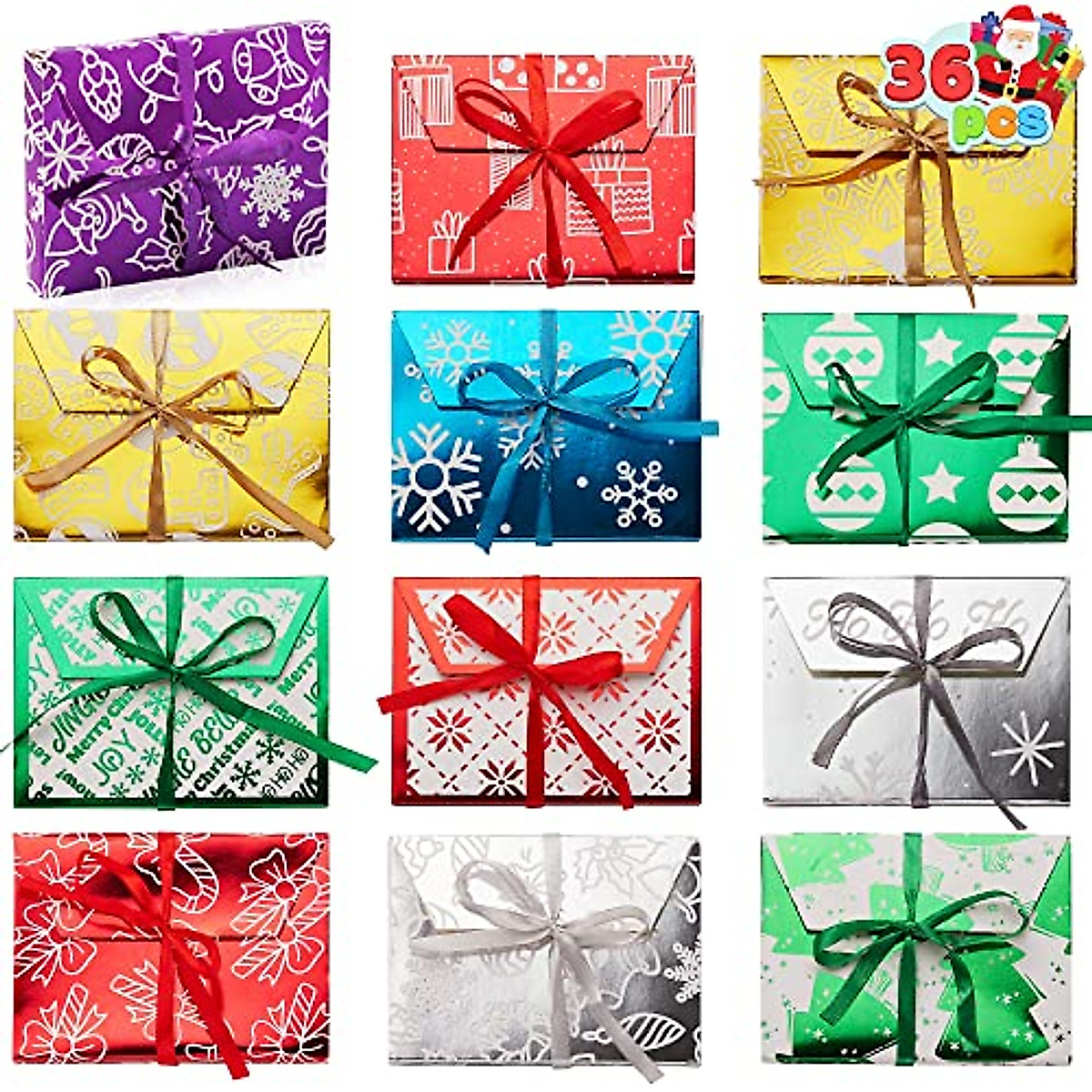JOYIN 36 PCS Christmas Fancy Foil Gift Card Boxes with Ribbon, Decorative Wrapped Gift Card Holder Boxes (4.5" x 3.25" x 0.4") for Envelopes, Holiday Gift Decor