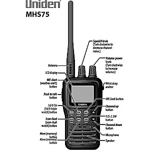 Uniden MHS75 Waterproof Handheld 2-Way VHF Marine radio, Submersible, Selectable 1/2.5/5 Watt Transmit Power. All USA/International and Canadian Marine Channels - Color Black