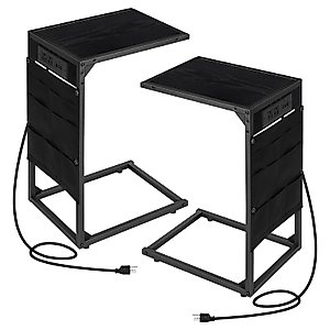 Set of 2 C Shaped End Table with Charging Station, Snack Side Table, C Tables for Couch, Couch Tables That Slide Under, for Living Room, Bedroom, Black