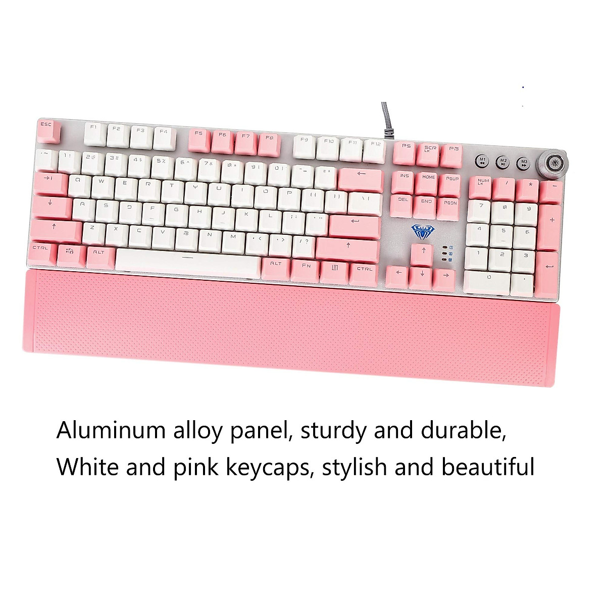 Mechanical Gaming Keyboard, with Multimedia Knob, Wrist Rest, Metal Panel, White LED Backlit, Pink and White PBT Keycaps, USB Wired Full-size Keyboard for Gamer Office PC Laptop Mac (Blue Switch)