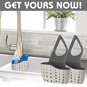 Comfecto Kitchen Faucet Sponge Holder, 2 Pack Hanging Kitchen Faucets Caddy Organizer with Adjustable Strap and Holes for Drying, Space Saving Sink Sider for Dish Soap Dishwashing Brush