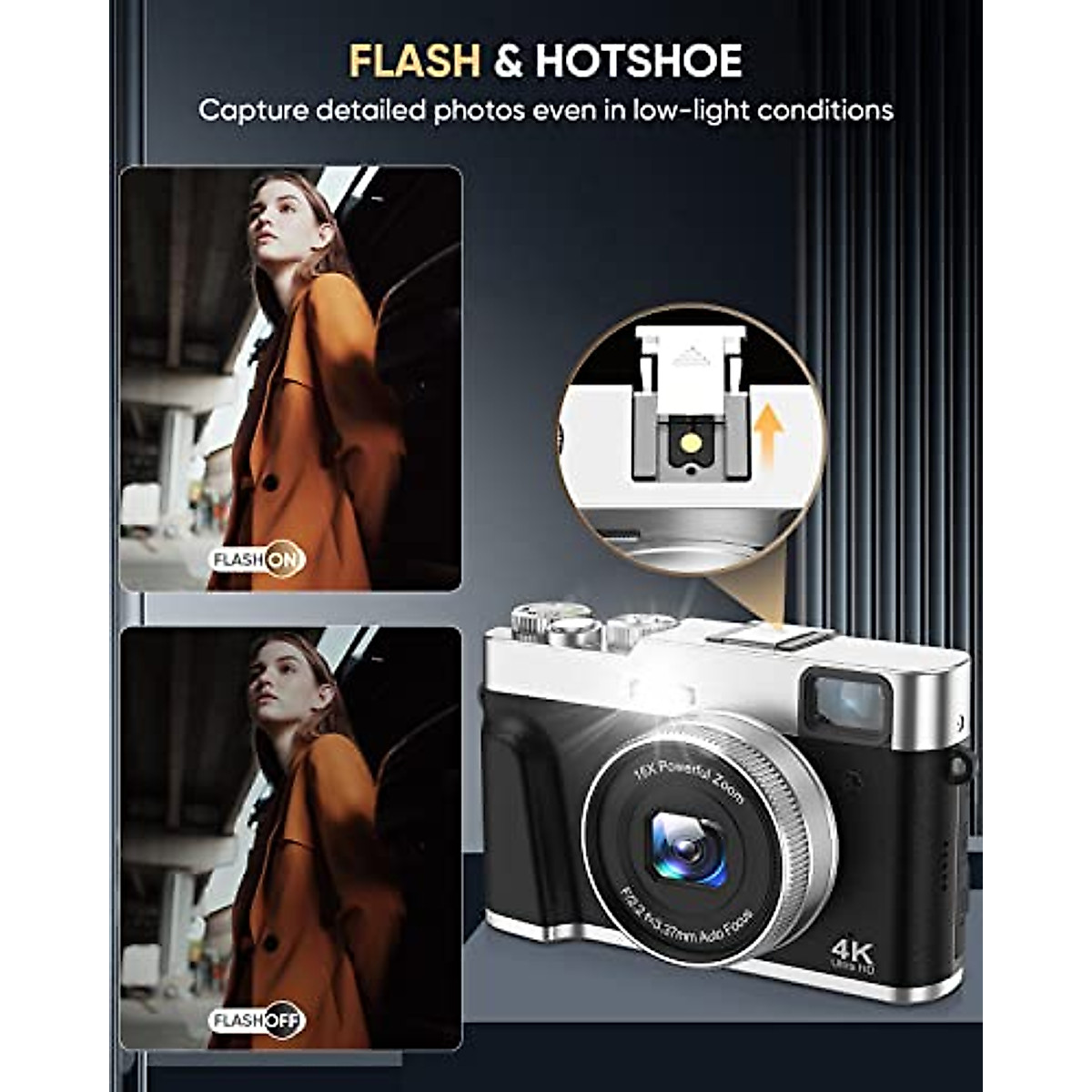 NEZINI 4K Digital Camera,Auto Focus 48MP Vlogging Camera for YouTube and Anti-Shake Video Camera with Viewfinder Flash & Dial,16X Zoom Travel Portable Digital Camera with 32GB Card,2 Batteries (Black)