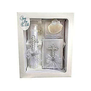 SWEA Pea & Lilli White Pearl Cross Baptism Candle Set Kit for Christenings with Shell and Favors
