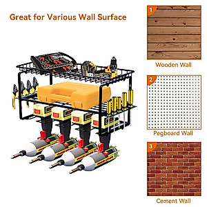 Grandhom Power Tool Organizer,Cordless Drill Rack Wall Mount,Drill Holder with 4 Drill Hanging Hooks,3 layers Metal Drill Storage Rack with Screwdriver Holder and Pliers Rack,Black