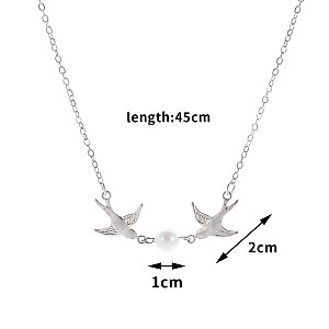 HUJUON Elegant Pearl Flying Bird Necklace.Silver Two Little Birds Choker Necklace,Cute Small Swallow Hummingbird Pendant Necklace for Women (Silver)