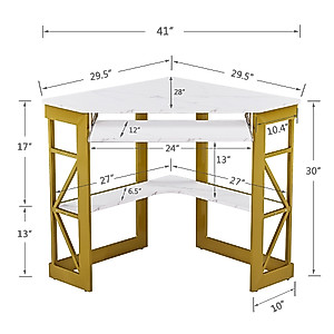 VECELO Corner Desk Computer Desk Writing Table with Smooth Keyboard Tray & Storage Shelves,Compact Home Office Triangle Table,Gold & White