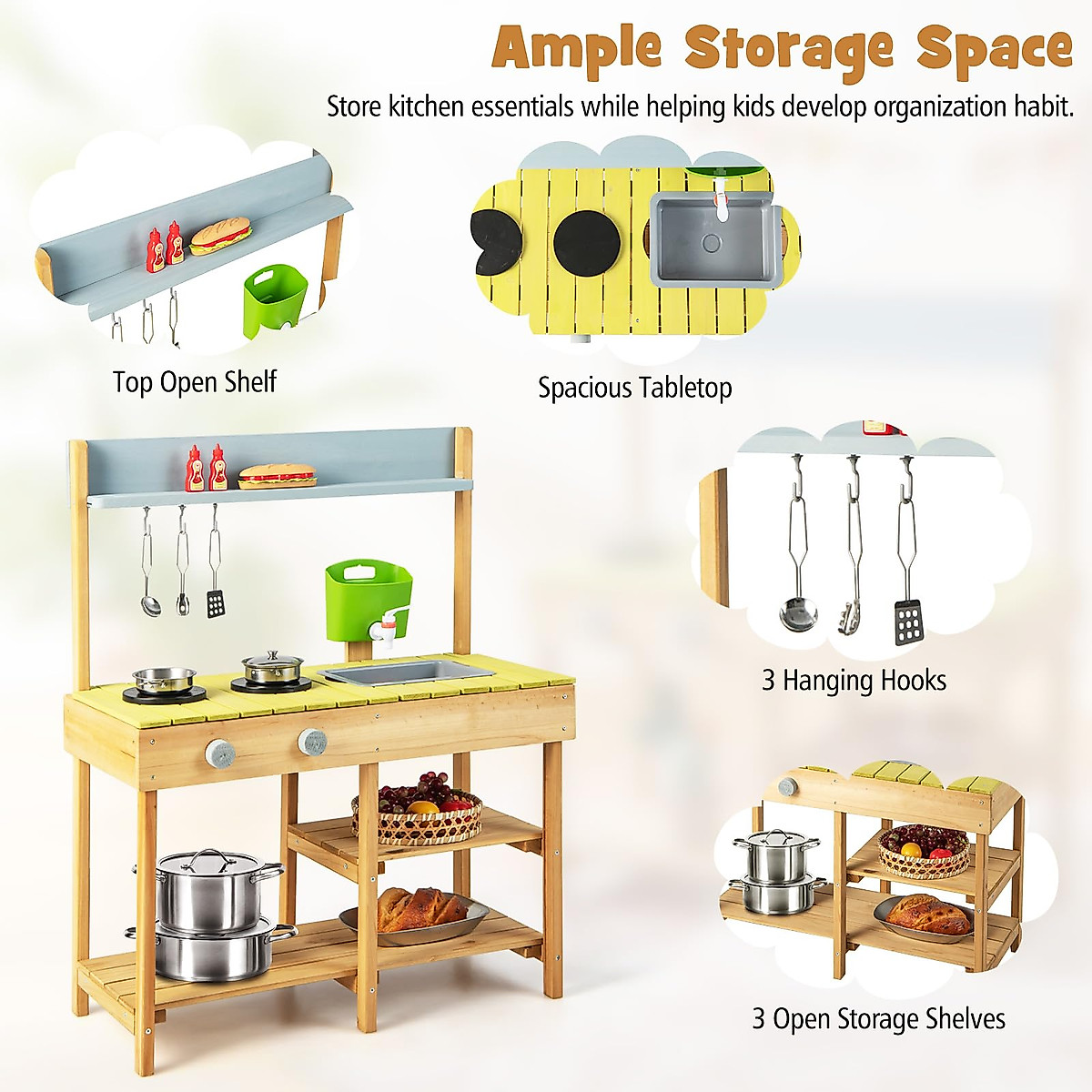 Costzon Wooden Kids Play Kitchen, Outdoor Mud Kitchen with Removable Sink, Water Box & Faucet, Stove Top, Storage Shelves, Fun Backyard Pretend Kitchen Playset for Boys Girls 3+ (Green)