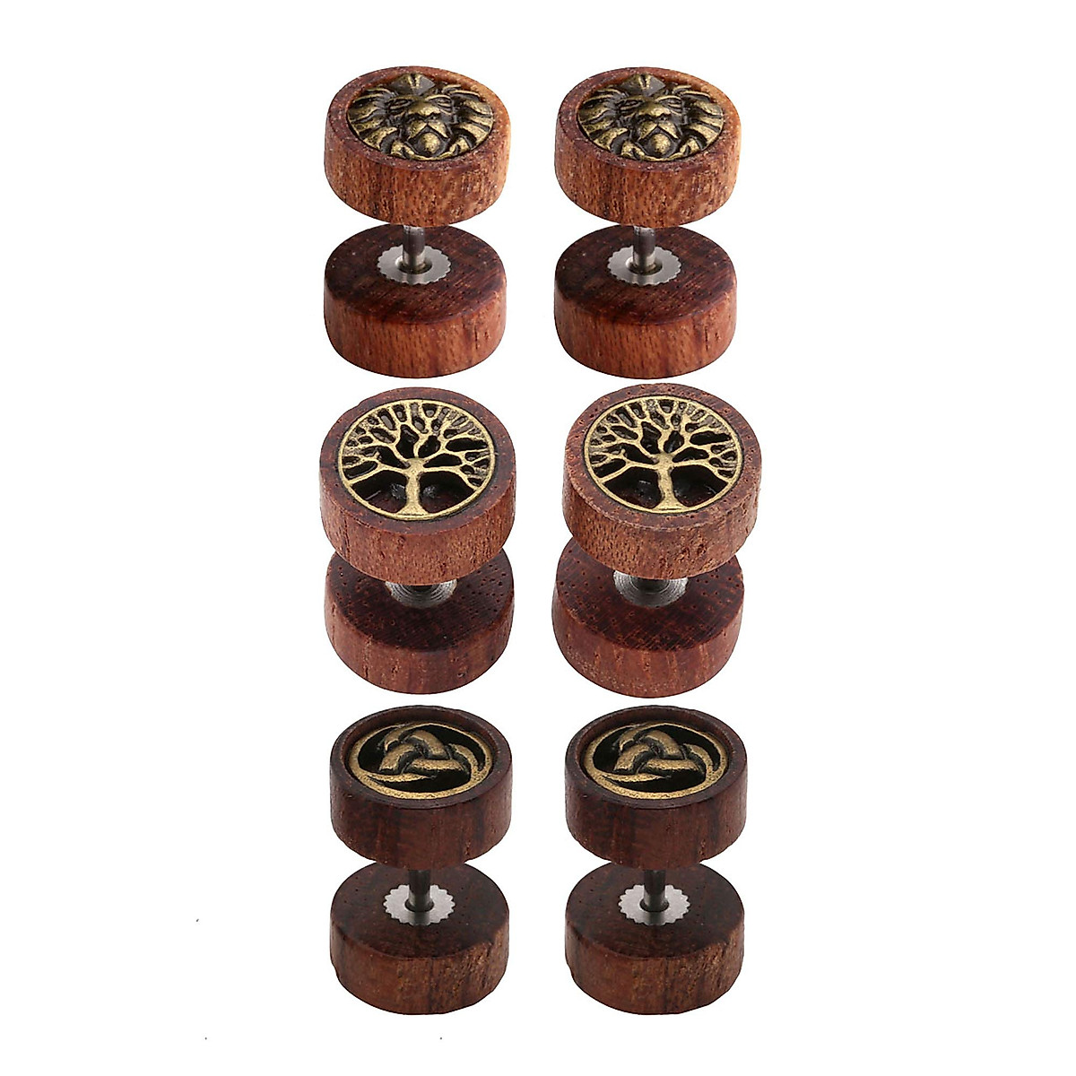 Jovivi 3 Pairs Organic Sono Wood Lion Head/Tree Life Fake Ear Plugs Cheater Gauges 10mm Illusion Screw Stud Earrings