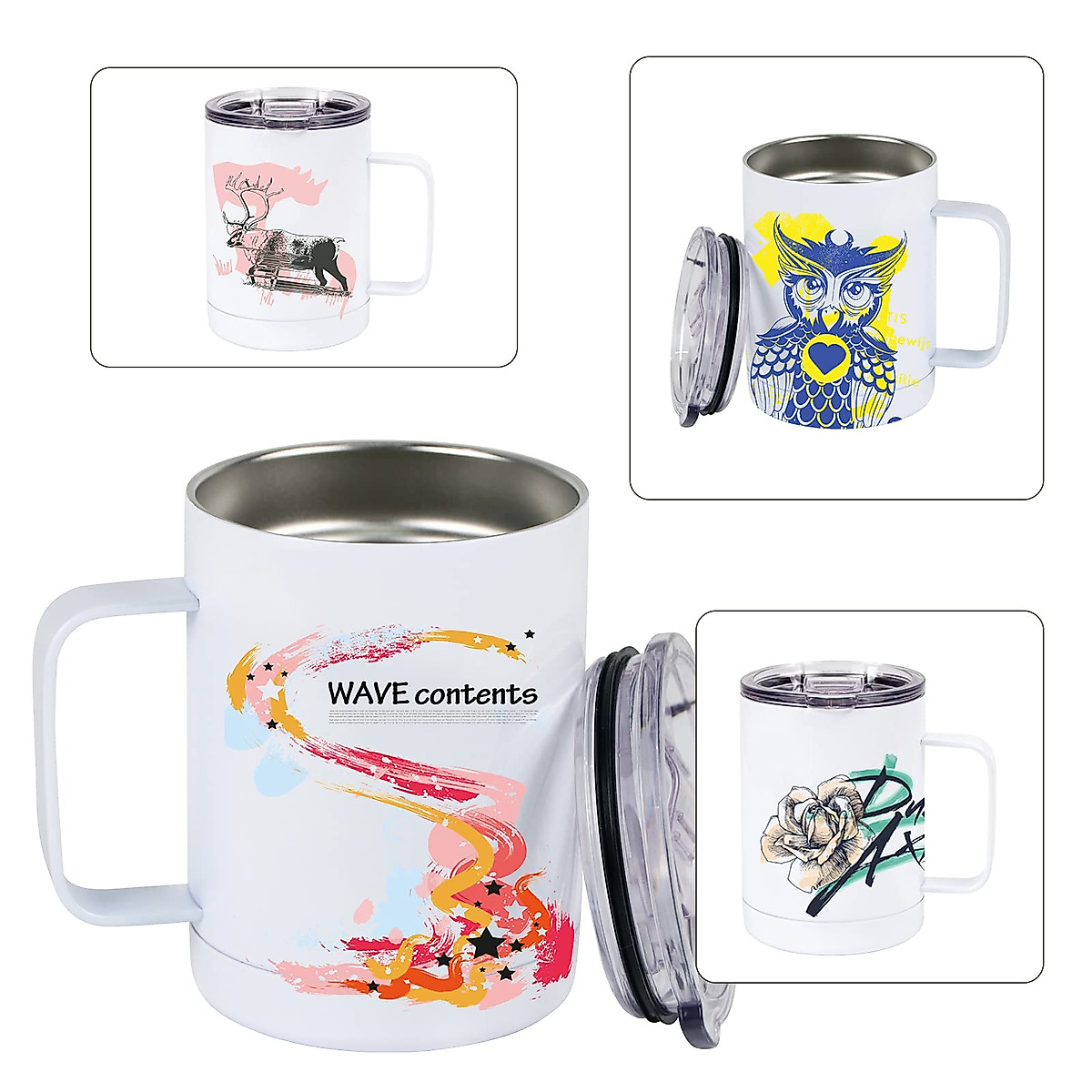 MAIKESUB 4 Pcs Sublimation Blank Skinny Tumbler 16 OZ White Handle and Straw Double Wall Stainless Steel Coffee Straight Mug with Sliding Lid (12 oz 340ML With base)