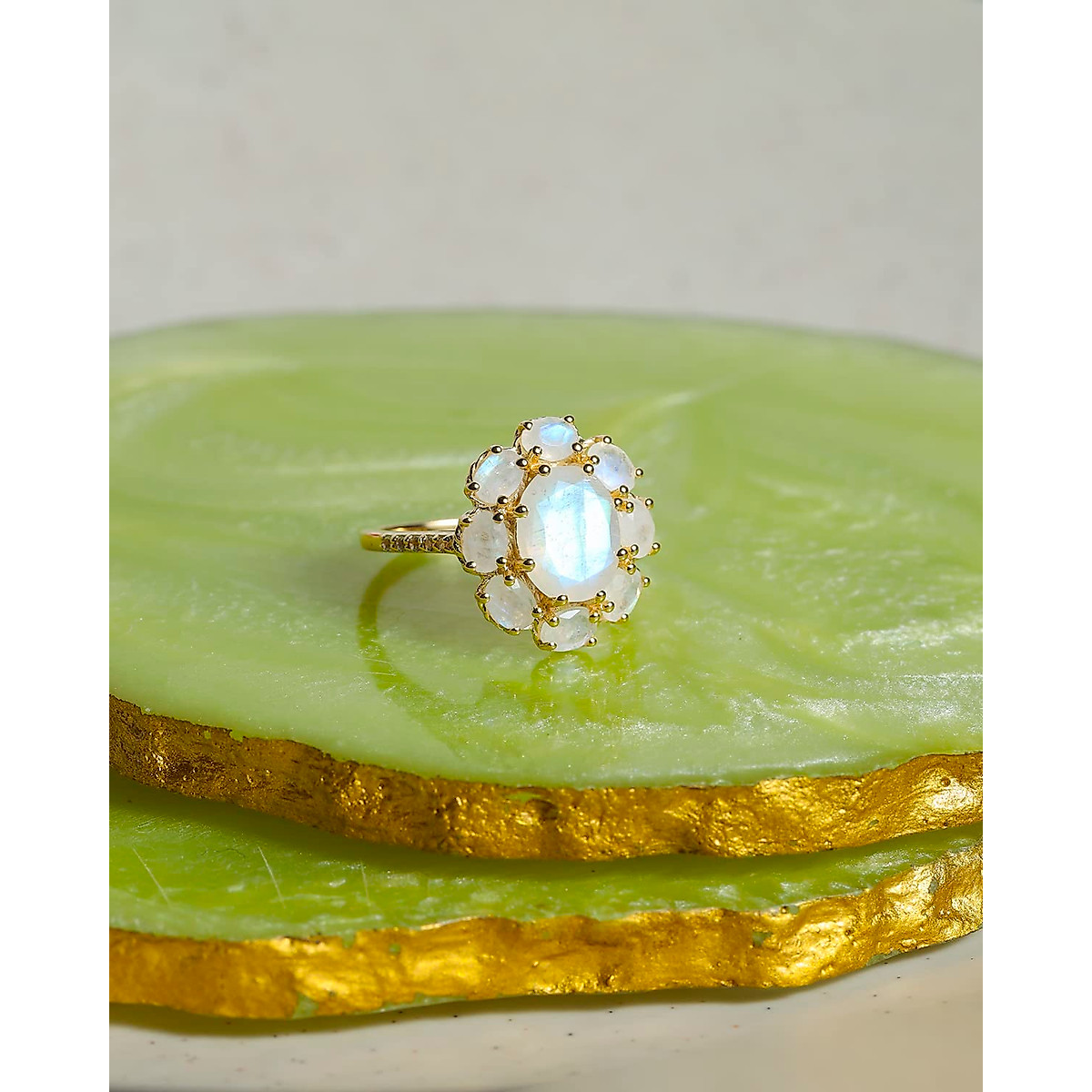 YoTreasure 7x9 MM Rainbow Moonstone & White Topaz 14k Gold Over 925 Silver Ring