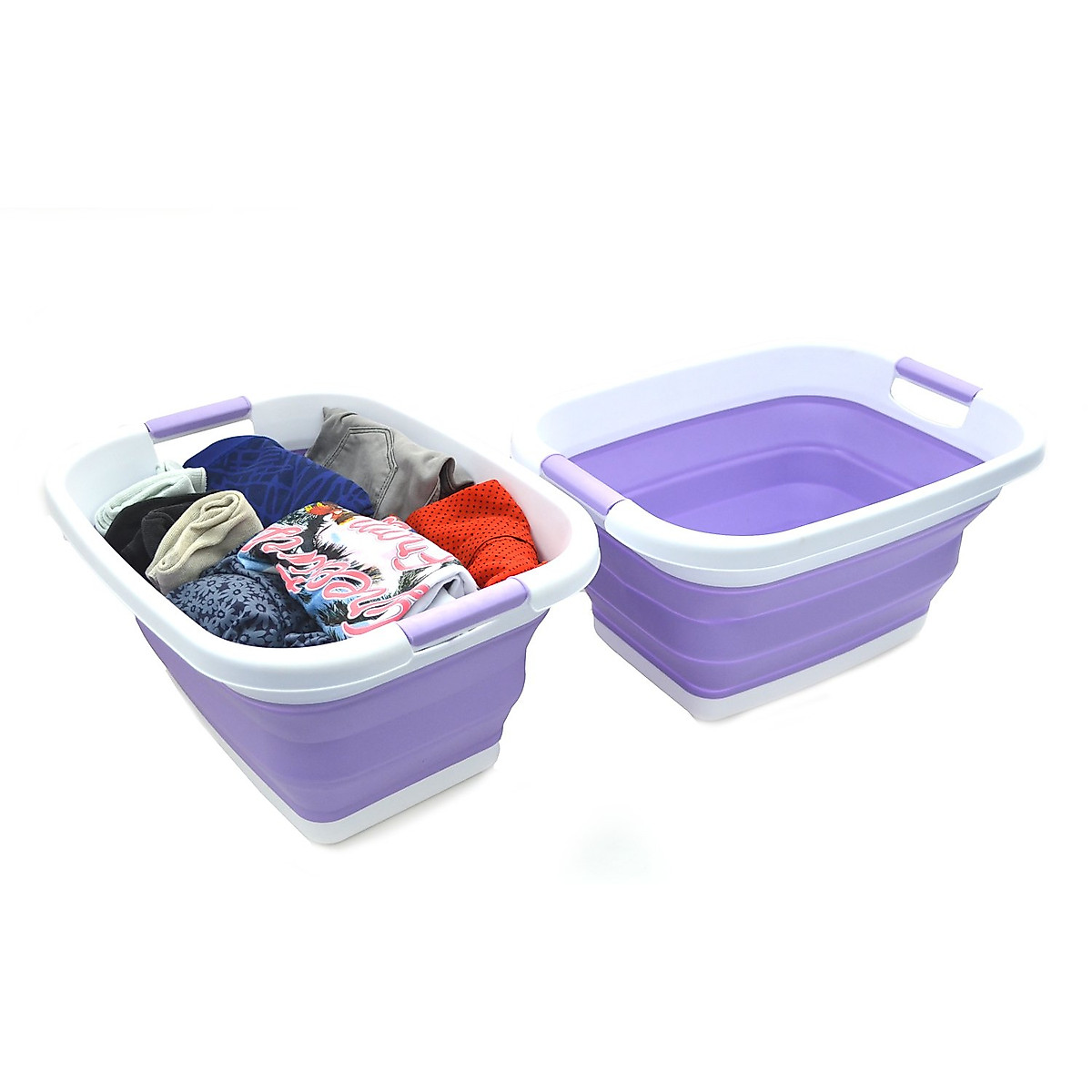 SAMMART Set of 2-25L (6,6 gallon) Collapsible Laundry Basket/Tub-Foldable Storage Container/Organizer-Portable Washing Bin-Space Saving Hamper, Water capacity: 20L (5.28 gallon) (2, Lt. Purple)