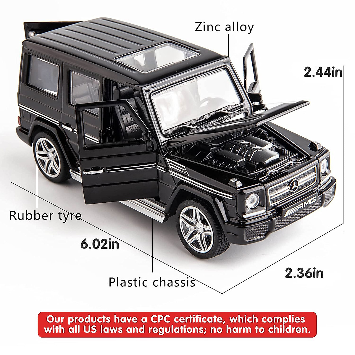 BDTCTK Compatible for 1:32 G65 Model Pull Back Car with Sound and Light for Kids Boy Girl, Metal Body, Door Opened, Black