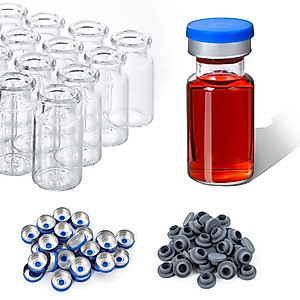 100 Pack 10ml Glass Vials, Clear Glass Headspace Vials with Plastic-Aluminum Flip Off Caps and Rubber Stoppers, 20mm Transparent Flat Bottom Lab Vial