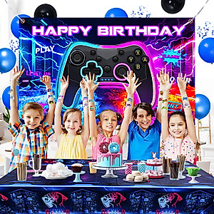 MOMOHOO Video Game Birthday Party Decorations Supplies - 151PCS Gamer Birthday Decorations for Boys Including Happy Birthday Backdrop, Tablecloth, Balloons, Foil Balloons, Stickers