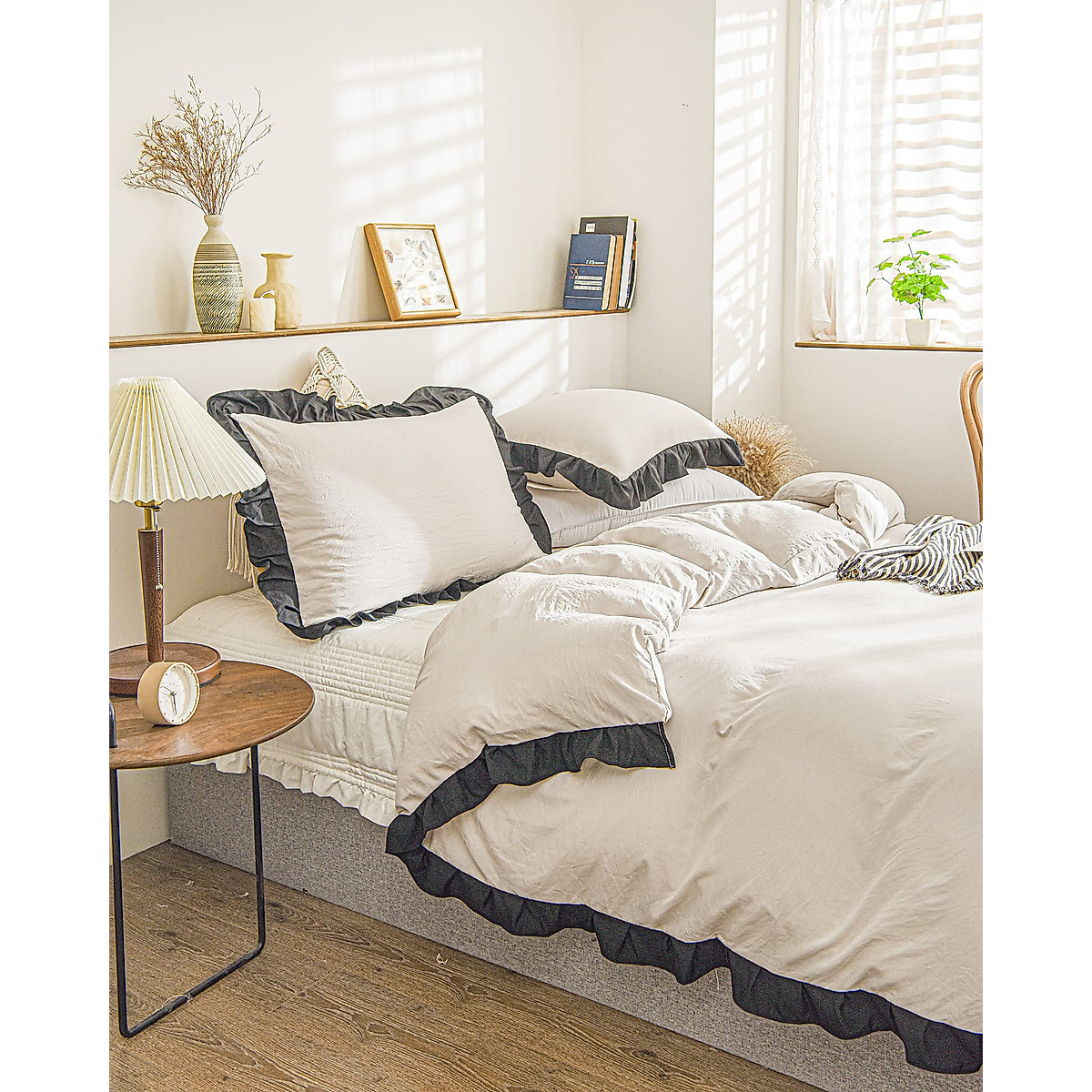 Ruffle Bedding Set Beige Duvet Cover Set 100% Washed Microfiber Breathable Soft Cream Grey Pattern Shabby Chic Ruffle Fringe Duvet Cover Set King 1 Duvet Cover 2 Pillowcases (No Comforter Included)