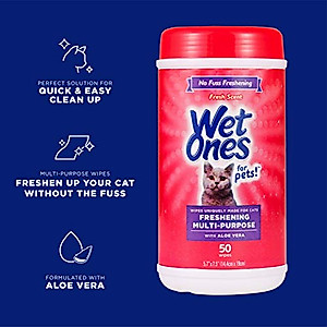 Wet Ones for Pets Freshening Multipurpose Wipes for Cats with Aloe Vera | Easy to Use Cat Cleaning Wipes, Freshening Cat Grooming Wipes for Pet Grooming in Fresh Scent | 50 ct Cannister Cat Wipes