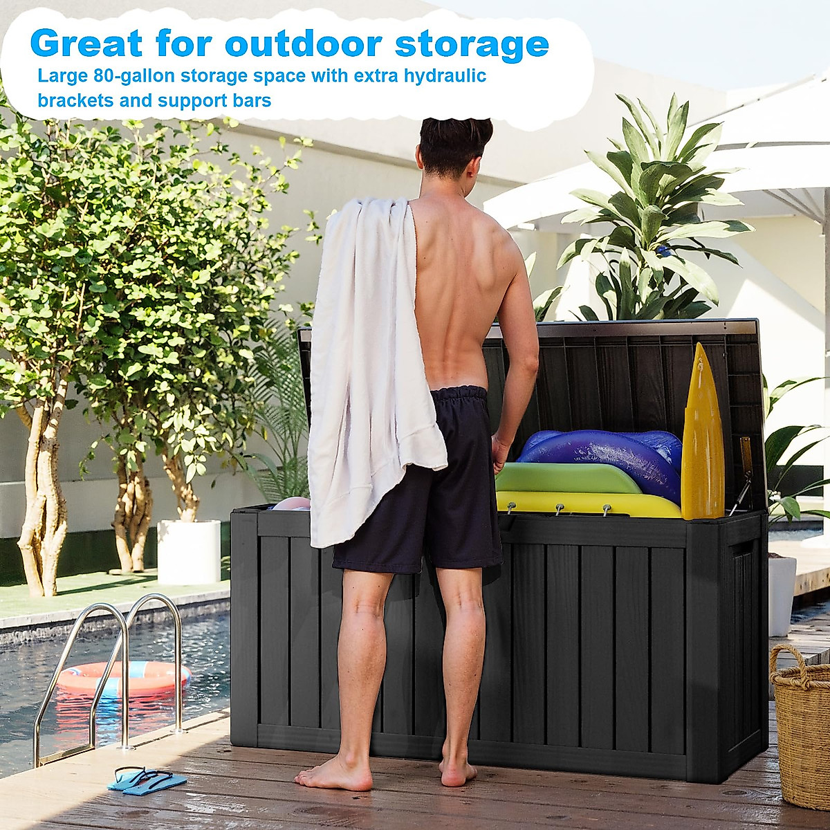 80 Gallon Resin Deck Box, Lockable Waterproof Ourdoor Storage Container for Pool Accessories, Patio Furniture, Cushions, Toys and Garden Tools, Black