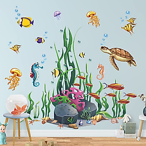 RW-1073 3D Ocean Wall Decals Under The Sea Fish Wall Stickers Ocean Animals Wall Art Decals View Under Sea Removable DIY Stickers for Kids Babys Bedroom Bathroom Living Room Nursery Home Decoration