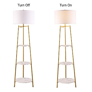 ROSEN GARDEN Floor Lamp, Standing Reading Light with Faux Marble Shelves and Fabric Shade, Modern Tall Pole, Accent Furniture Décor Lighting for Living Room, Bedrooms