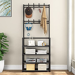 UDEAR 4-Tier Coat and Shoe Rack,Entryway Coat Rack Hallway Bench Storage Organizer with 8 Hooks for Living Room,Bedroom,Office,Black