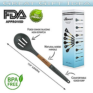 Silicone Cooking Utensils Set (6 pcs) Natural Wood Kitchen Utensils – Eco Friendly & BPA Free, Non Scratch & Non Stick Easy Grip Cooking Tools And Best Kitchen Gadgets Tools for Cookware