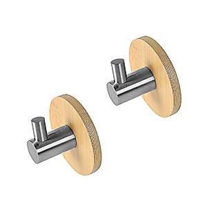 Chiloskit 2PCS Natural Bamboo Stainless Steel Adhesive Hooks Wall Clothes Bag Headphone Key Hanger Shelf Wall Hangers Without Nails (1 Hook)
