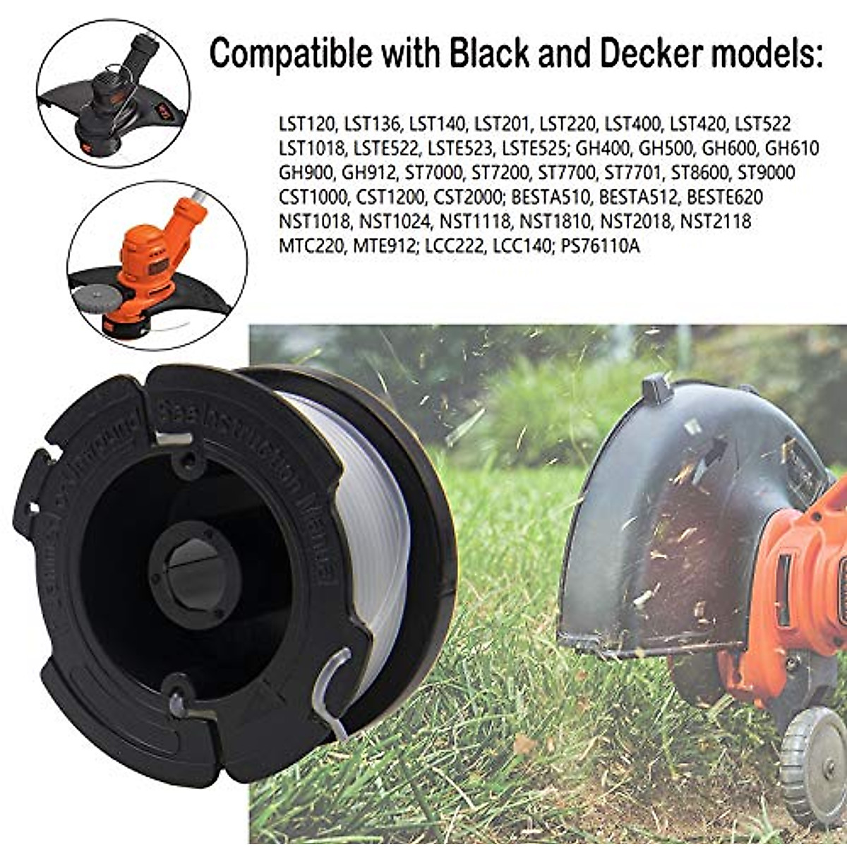 AF-100 Replacement Spool for Black and Decker String Trimmer Edger GH900 BESTA510 Weed Eater Spool Refills 30ft 0.065" Trimmer Line AF1003ZP, AF-100-3ZP, AF-100-BKP (12 Spools+ 2 Caps+2 Springs)